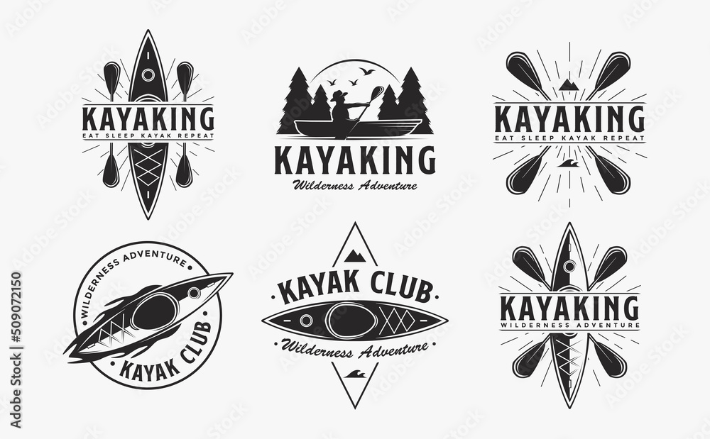 Set of Outdoor adventure sport travel kayaking logo, paddle and kayak ...