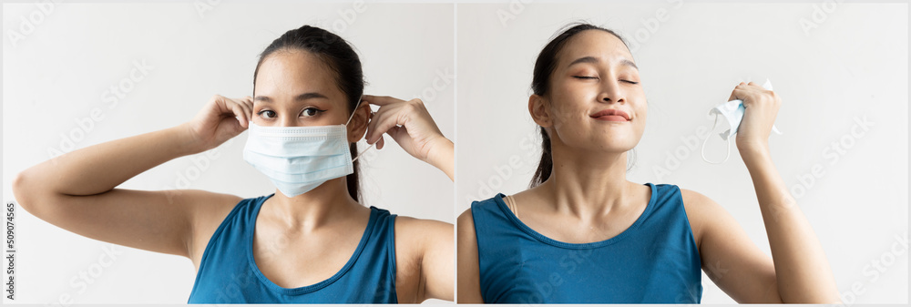 woman finally removing face mask and still wearing face mask in before ...