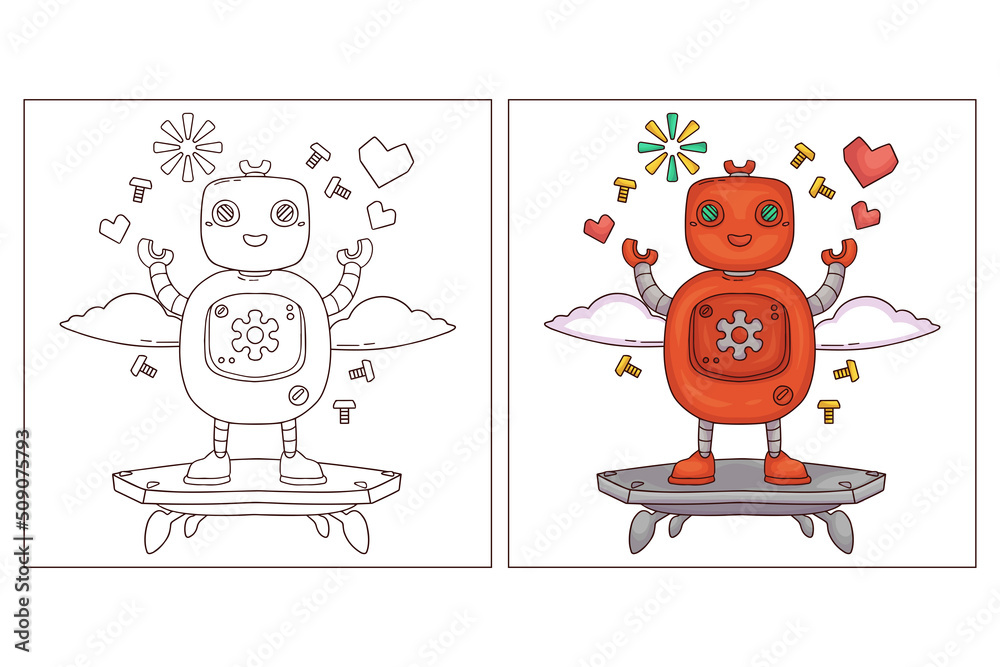 Hand drawn cute Robot for coloring page 2 Stock Vector | Adobe Stock