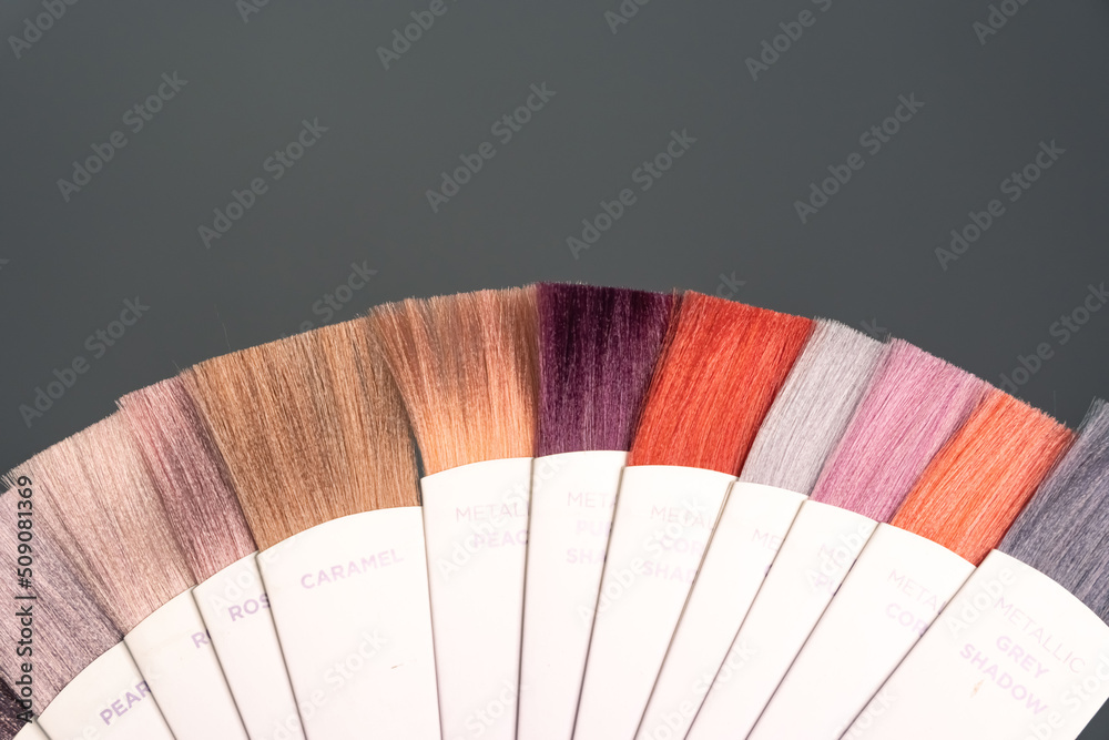 Samples of professional hair dye in a hairdressing salon. Hair coloring ...