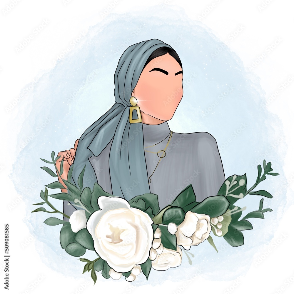 Faceless girl in a hijab in a frame of flowers. Cute illustration of a ...