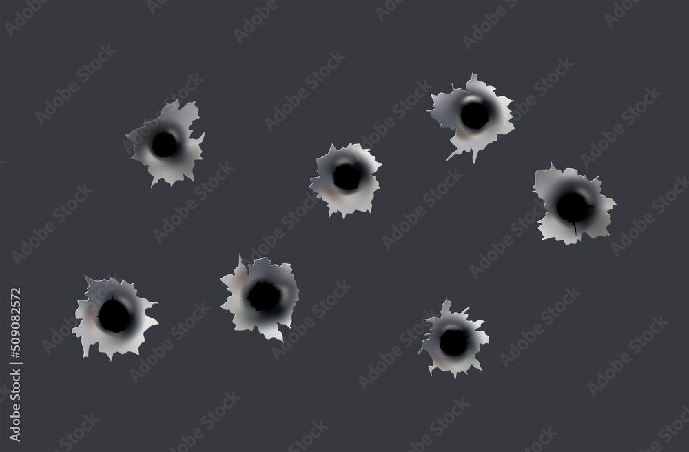 Bullet holes of gun or pistol. Shoot in metal single and double hole ...