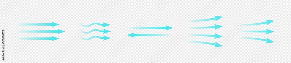 Air flow. Set of blue arrows showing direction of air movement. Wind ...