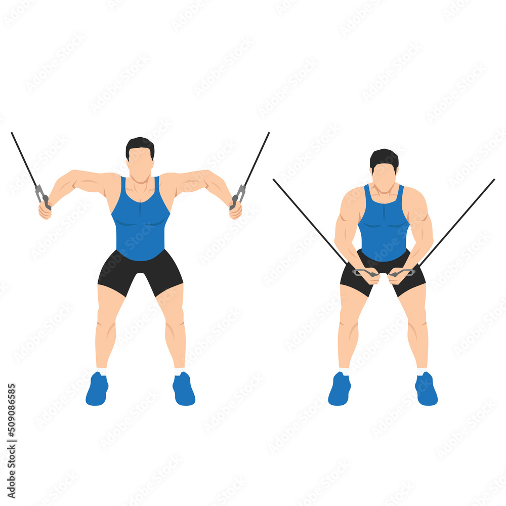 Man doing Standing cable crossover. cable flies exercise. Flat vector ...