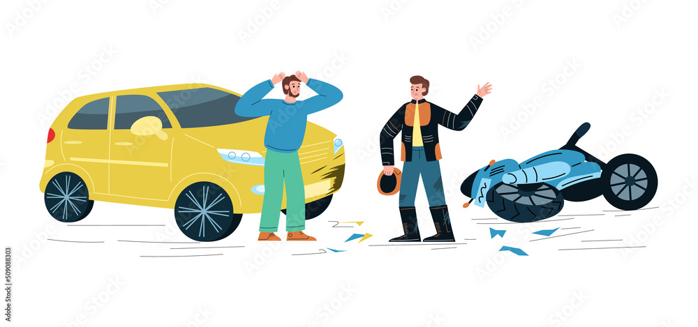 Angry men arguing over car accident with motorbike, flat vector ...
