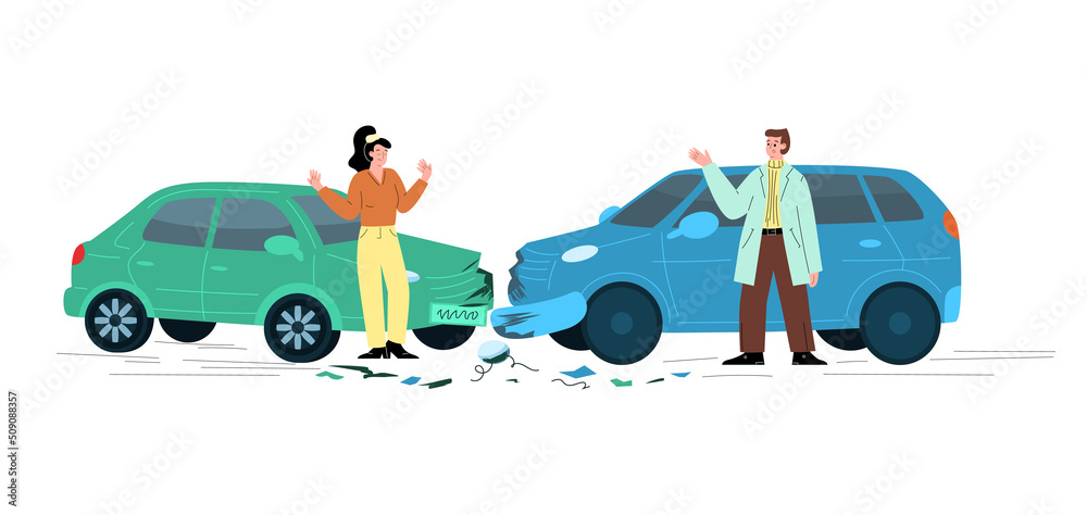 Man and woman arguing over car accident, two cars crashed, flat vector ...