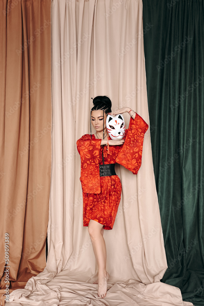 Woman wearing kimono or hanfu and a fox mask. Traditional japanese fox ...