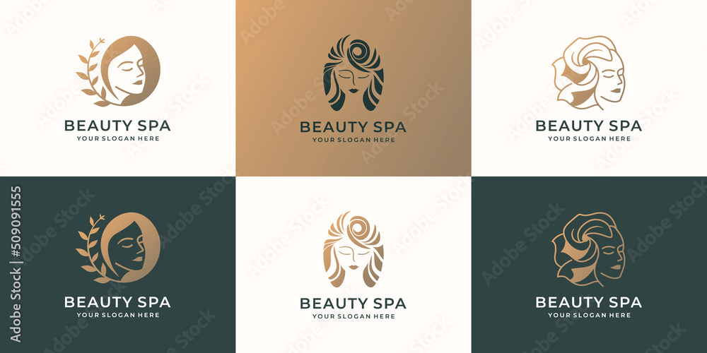 set of beauty woman logo. feminine beauty spa woman hair style, gold ...