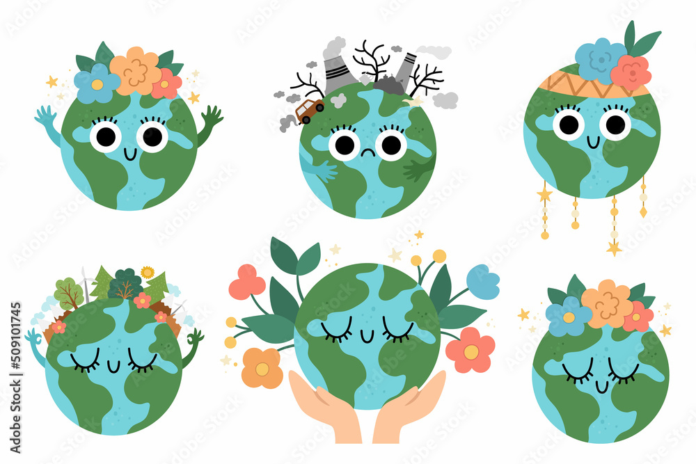 Vector earth set for kids. Earth day collection with cute kawaii ...