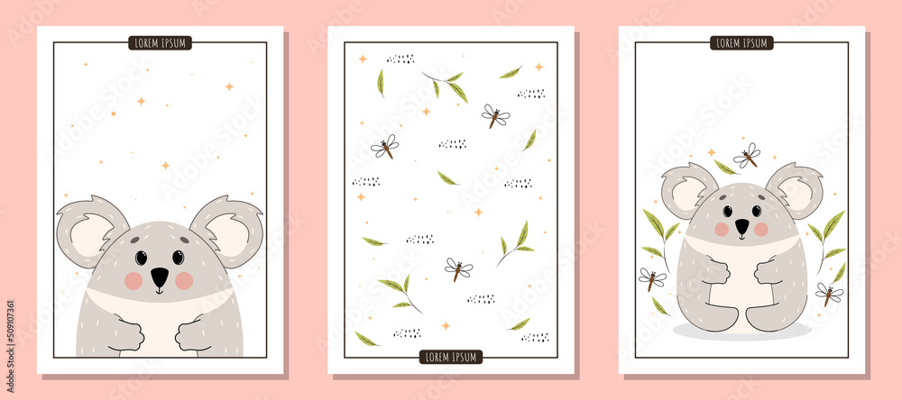 Koala, Set of postcards with cute koala, set of postcards with animals ...
