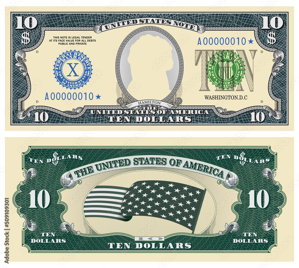 Fictional template obverse and reverse of US paper money. Ten dollars ...