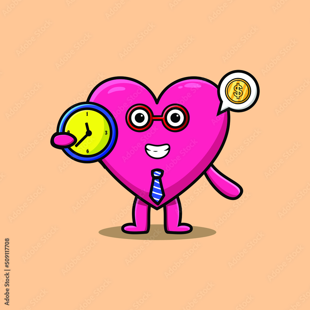 Cute cartoon lovely heart character holding clock with happy expression ...