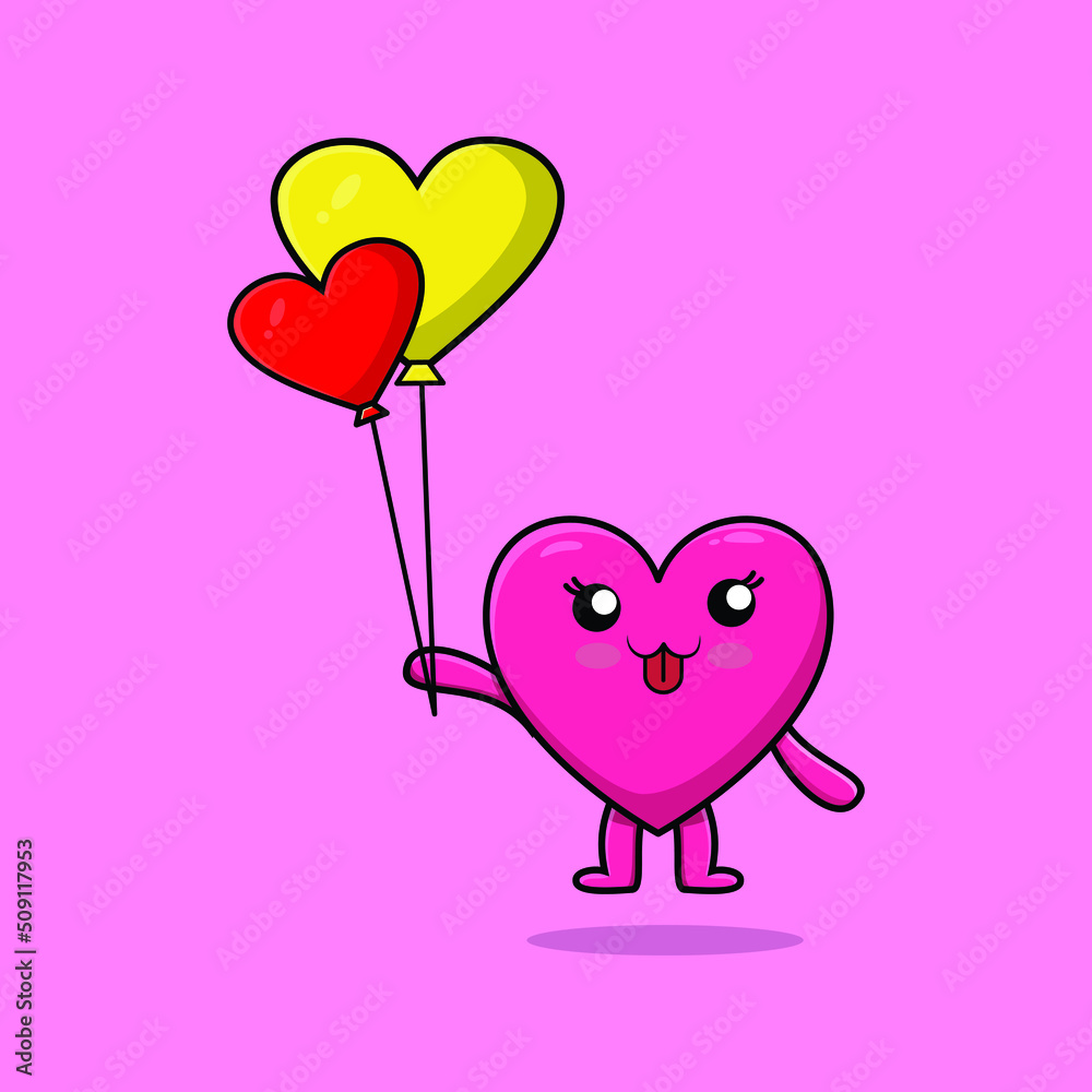 Cute Cartoon Lovely Heart Floating With Love Balloon Cartoon Vector