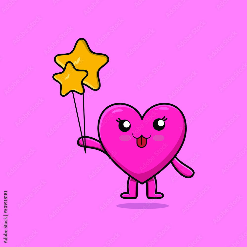 Cute cartoon lovely heart floating with star balloon cartoon vector ...