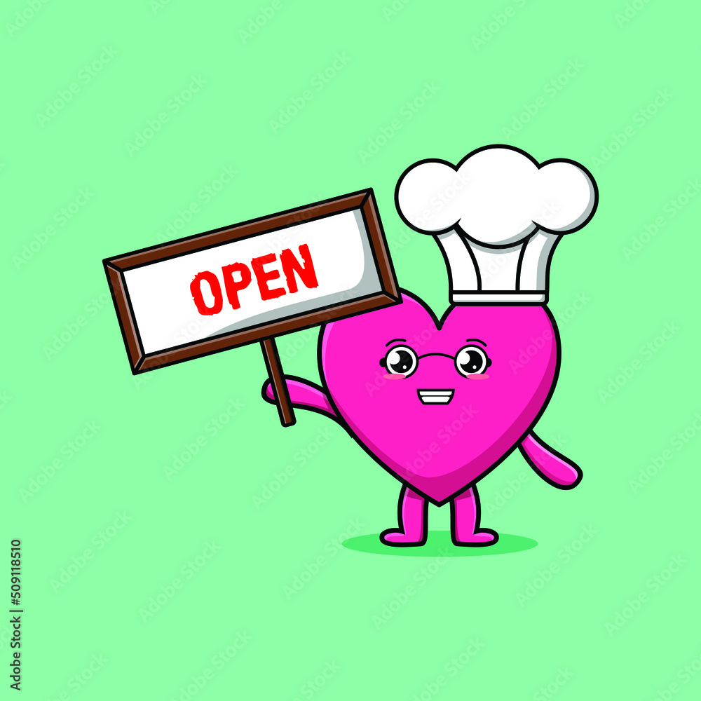 Cute cartoon lovely heart character holding open sign designs in ...