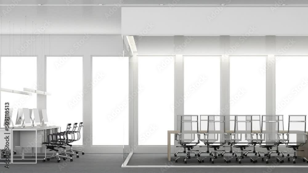 Contemporary spacious office room interior with city view and daylight ...