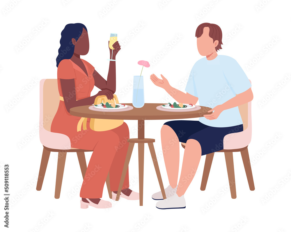 Guests sitting at table in restaurant semi flat color vector characters ...