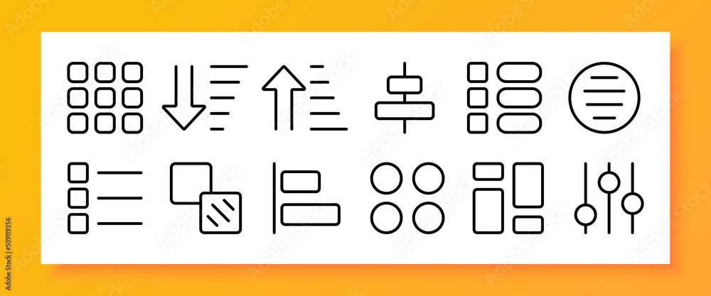 Button menu set icon. Arrows, tiles, apps, shapes, list, sorting, charts, circles, sliders ...
