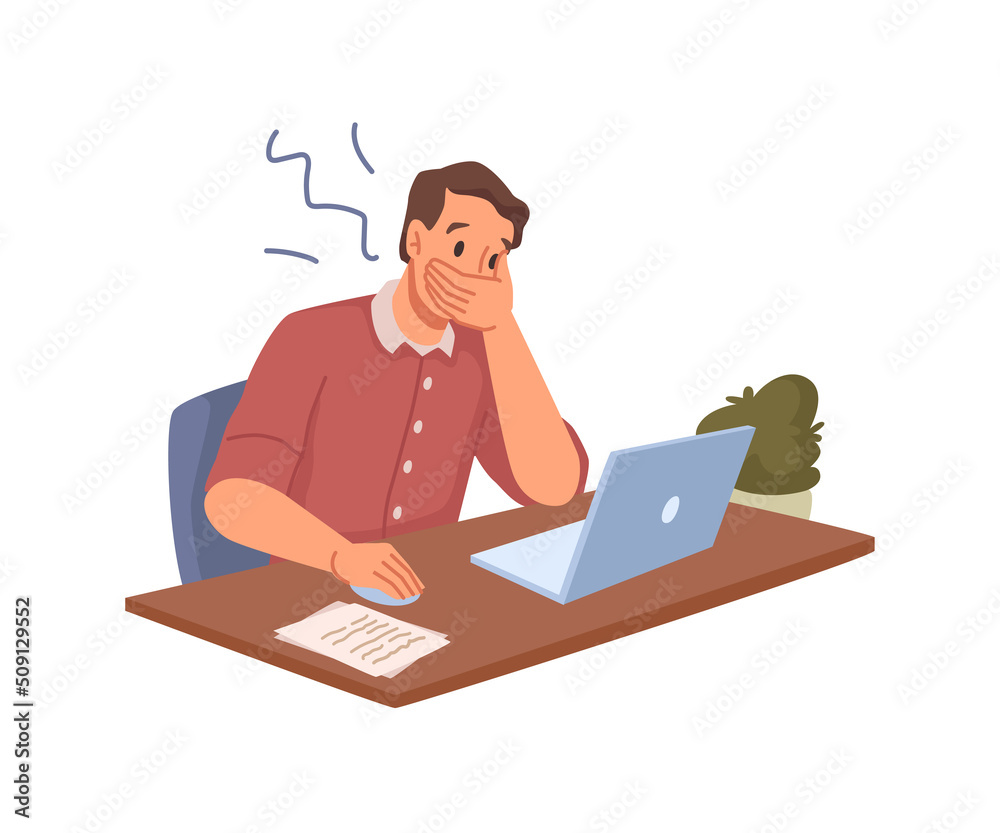 Male personage watching news in internet using laptop. Isolated guy ...