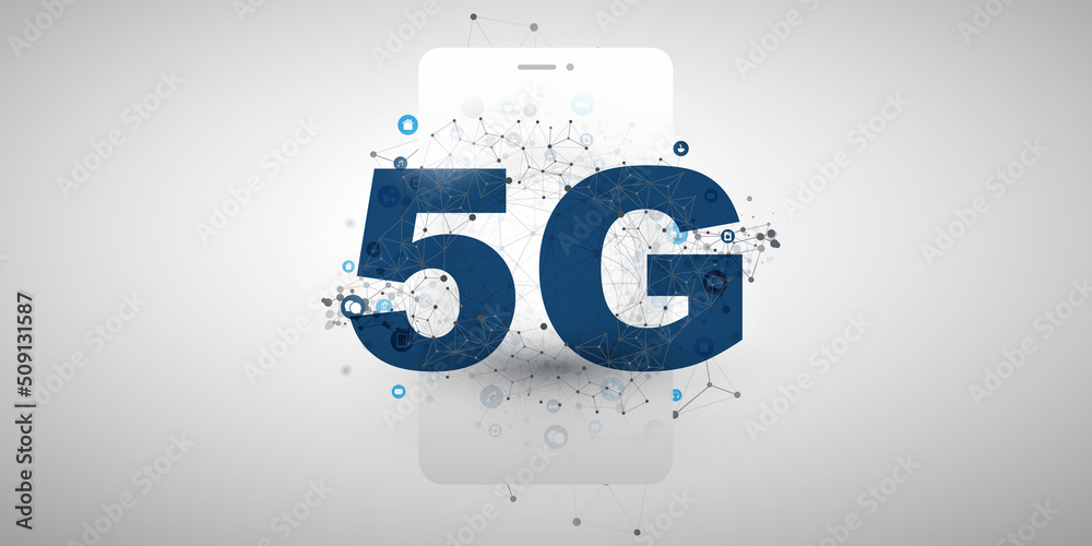 5G Network Label with Futuristic Polygonal Globe, Smart Phone Symbol ...