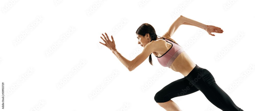 Flyer of young sportive woman running isolated on white studio ...