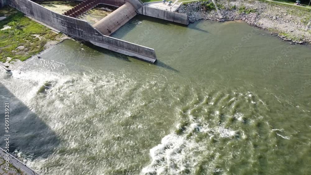 Aerial view strong water current generating from Denison dam ...