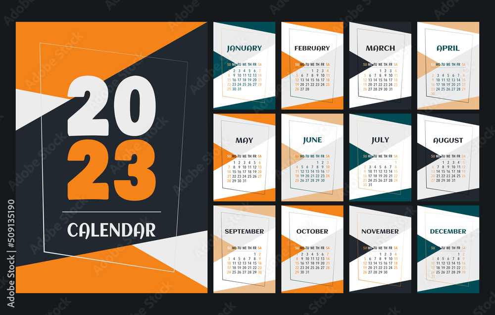 Calendar 2023 template, orange, green, peach, white and black desk ...
