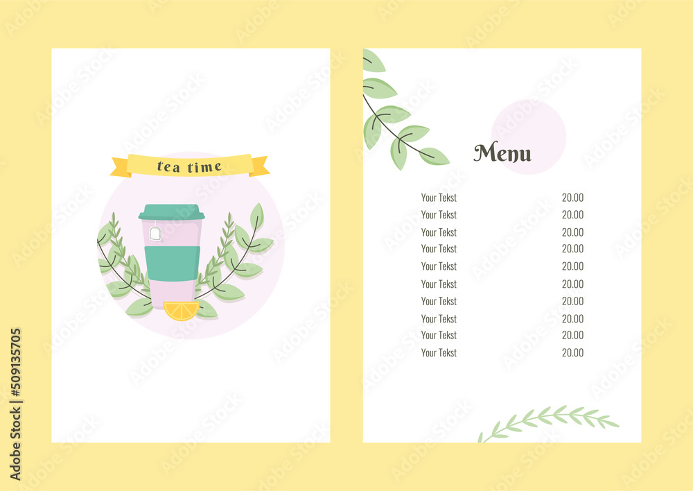 Hot tea menu graphic template. Blue cup tea with green plants, yellow ...