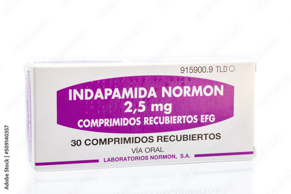 Huelva, Spain-June 4, 2022: Spanish box of Indapamide (Indapamide) from ...