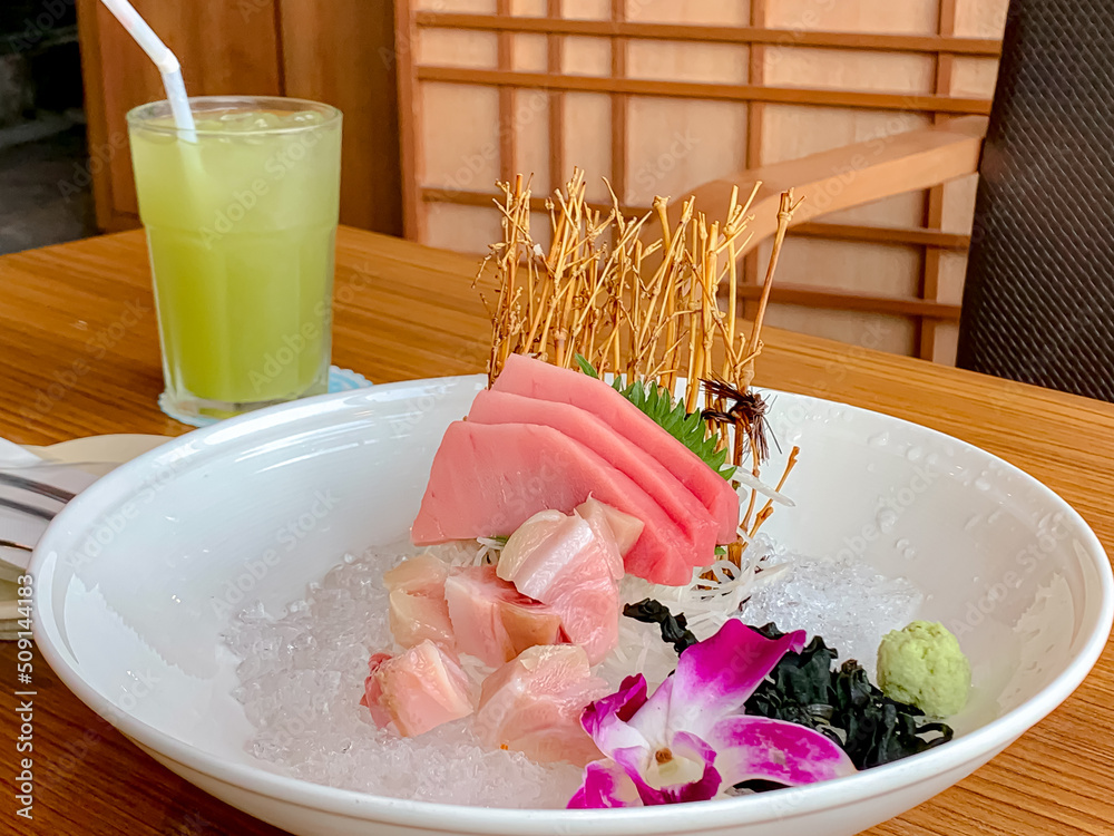 Various menus, sushi, sashimi, nigiri, pan fried pork and miso soup ...