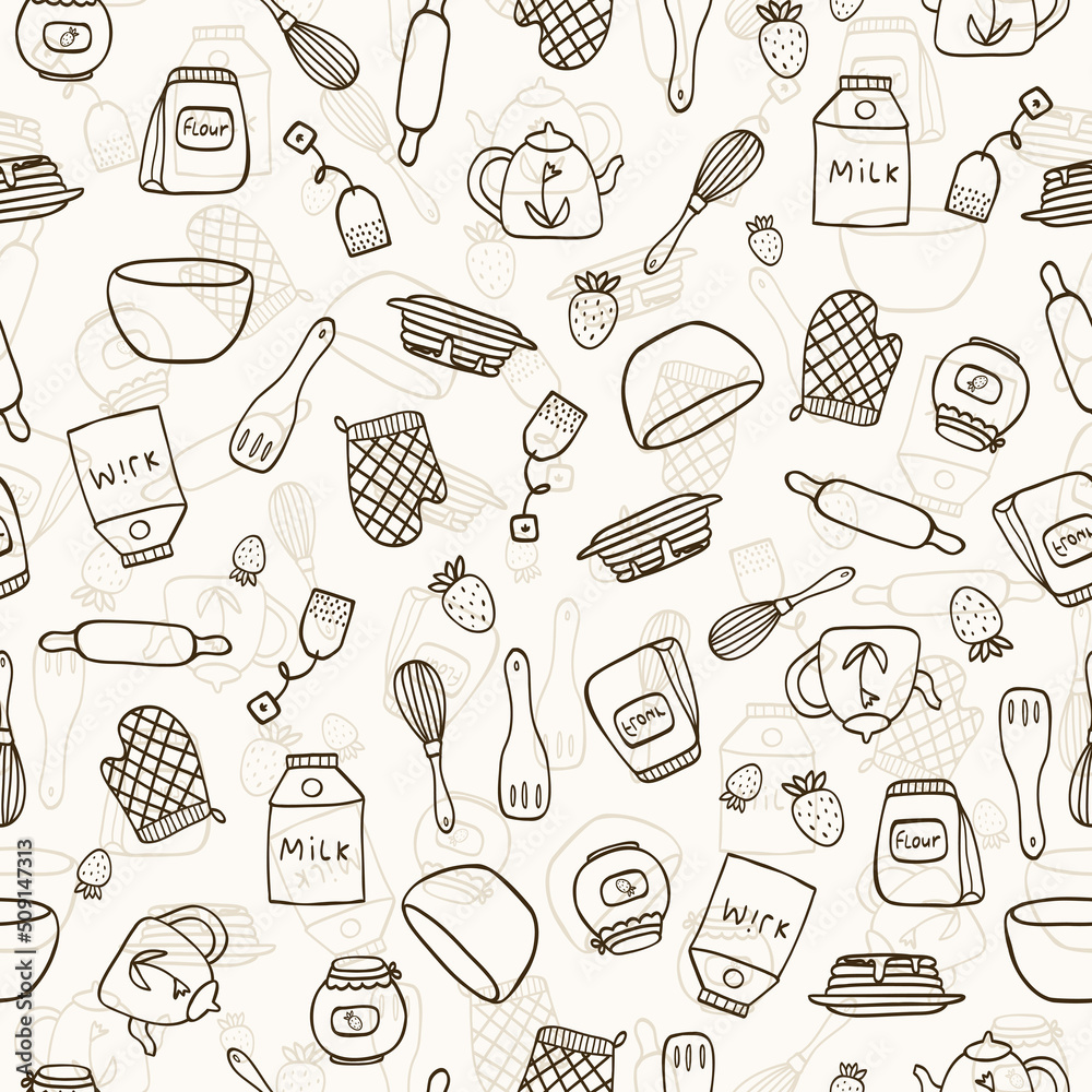 Vector seamless pattern with hand drawn food and kitchen items in ...