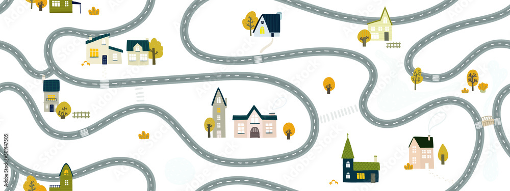 Cartoon childish city . Vector childish seamless pattern with town symbols, houses, buildings ...