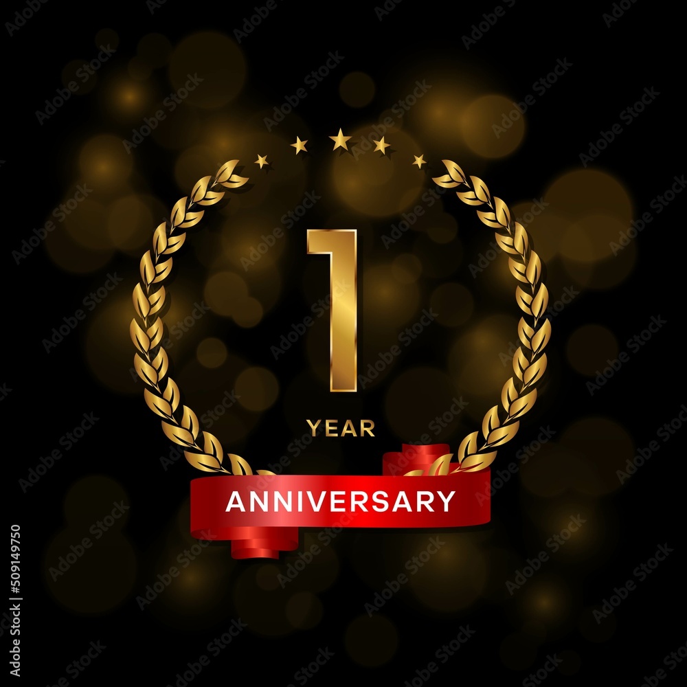 1 year anniversary logo with golden laurel and red ribbon for booklet ...
