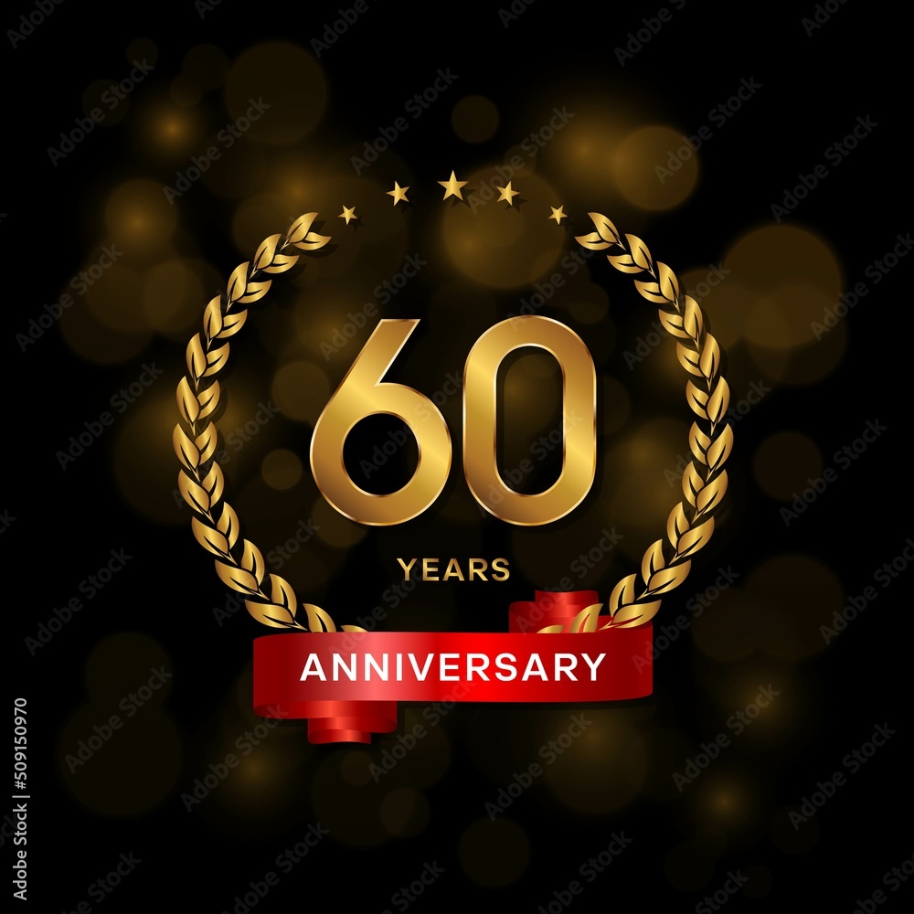 60 years anniversary logo with golden laurel and red ribbon for booklet ...