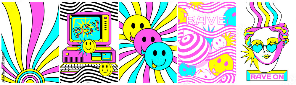 Rave Acid Rainbow collage and prints for tee, streetwear. Crazy prints ...