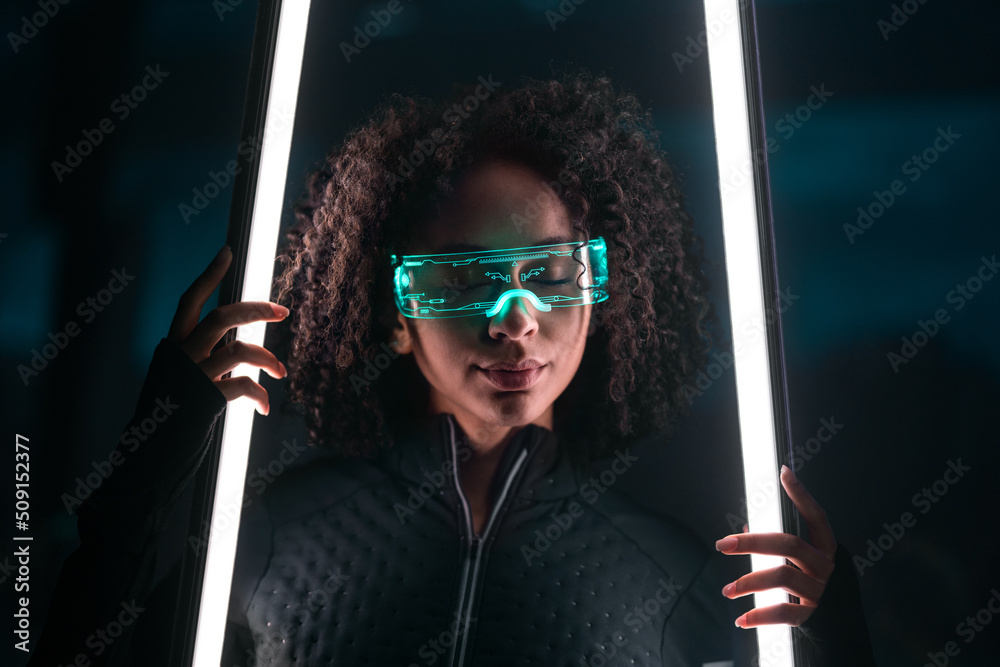 Metaverse digital cyber world technology, young woman with smart ...