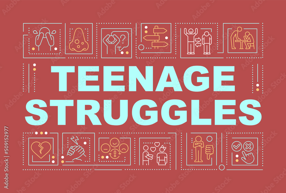 Teenage concerns word concepts red banner. Acne and social issues ...