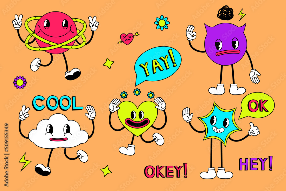 Acid abstract characters and objects. In a cartoon style, a set of ...