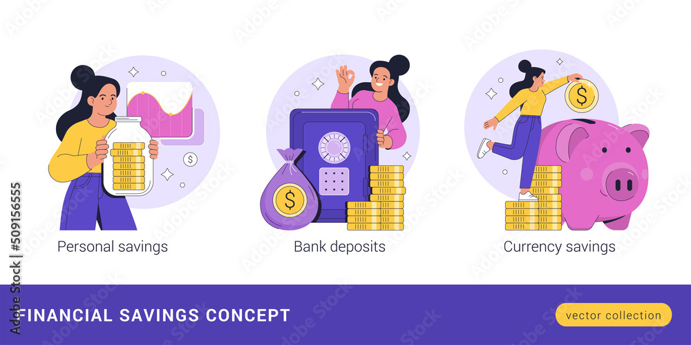 Financial Savings concepts. Vector cartoon illustration of a young ...