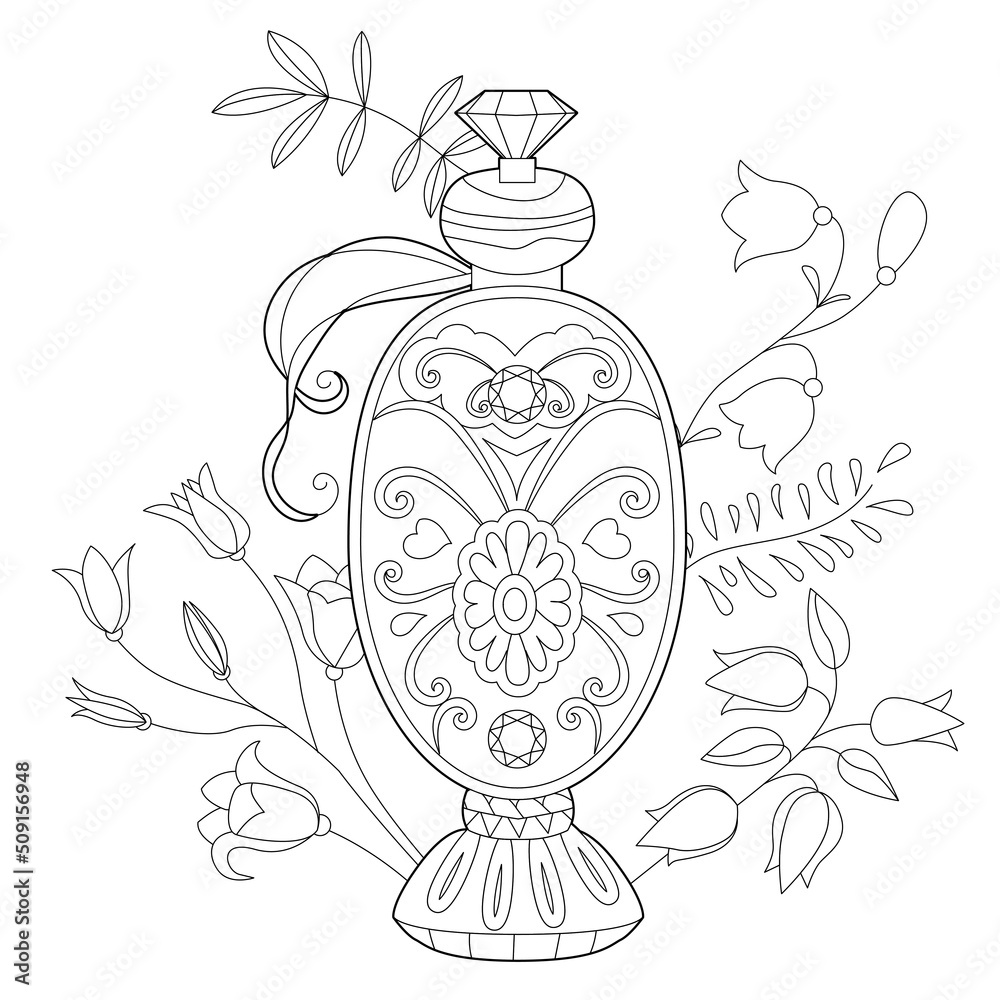 Vetor de Beautiful bottle of perfume with flowers. Monochrome object ...