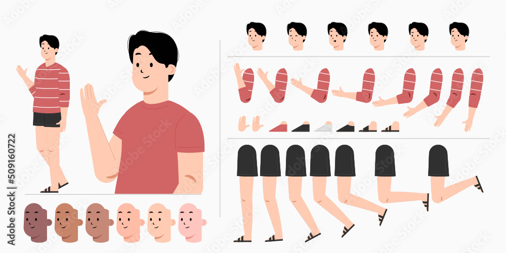 Young man character creation kit design for animation. City casual cartoon male flat vector ...