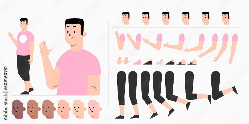 Young man character creation kit design for animation. City casual cartoon male flat vector ...
