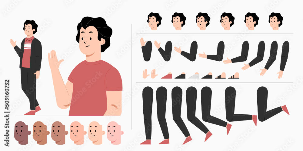 Young man character creation kit design for animation. City casual cartoon male flat vector ...