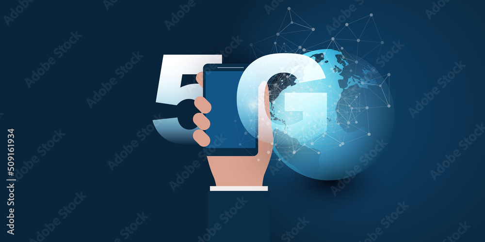 5G Network Label with Earth Globe and Smart Phone in Businessman's Hand ...