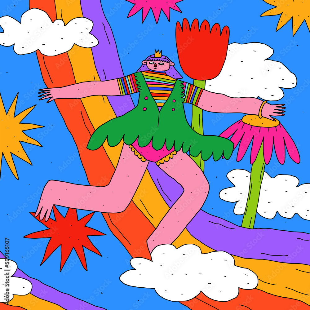 psychedelic 1970 - groovy poster.Cool placard with rainbows, girl and ...