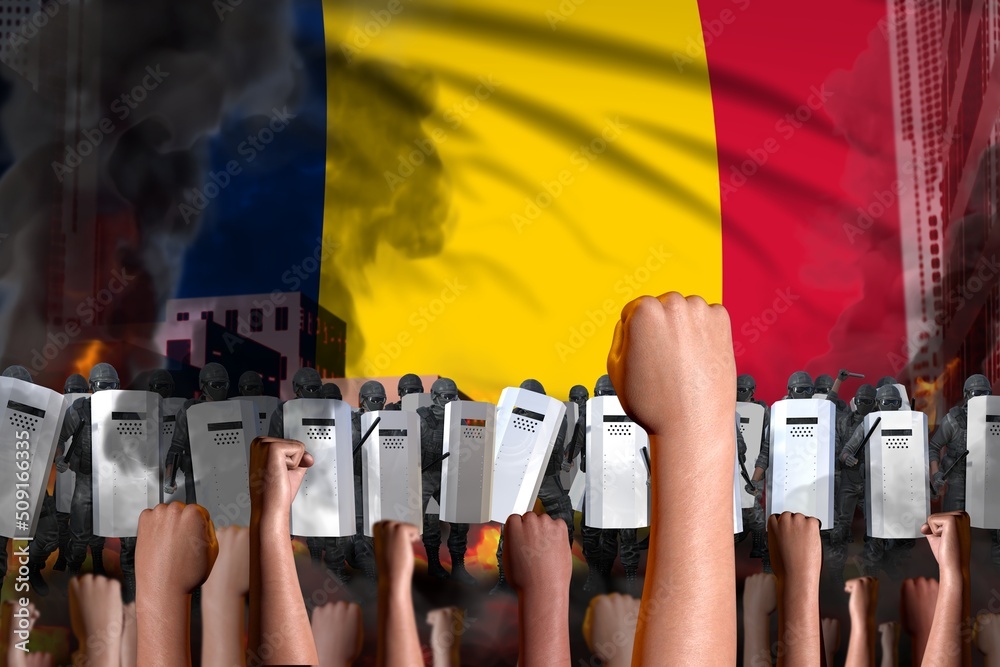 Protest in Chad - police officers stand against the angry crowd on flag ...