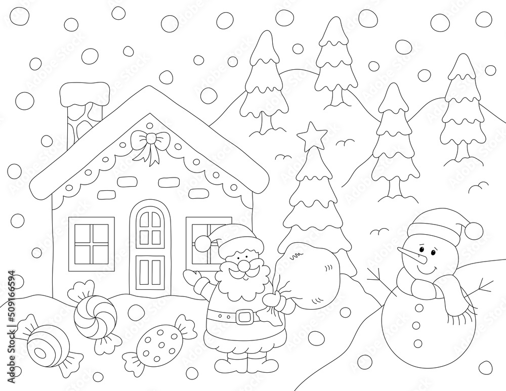 little christmas house in a winter landscape, falling snow, candy and a ...