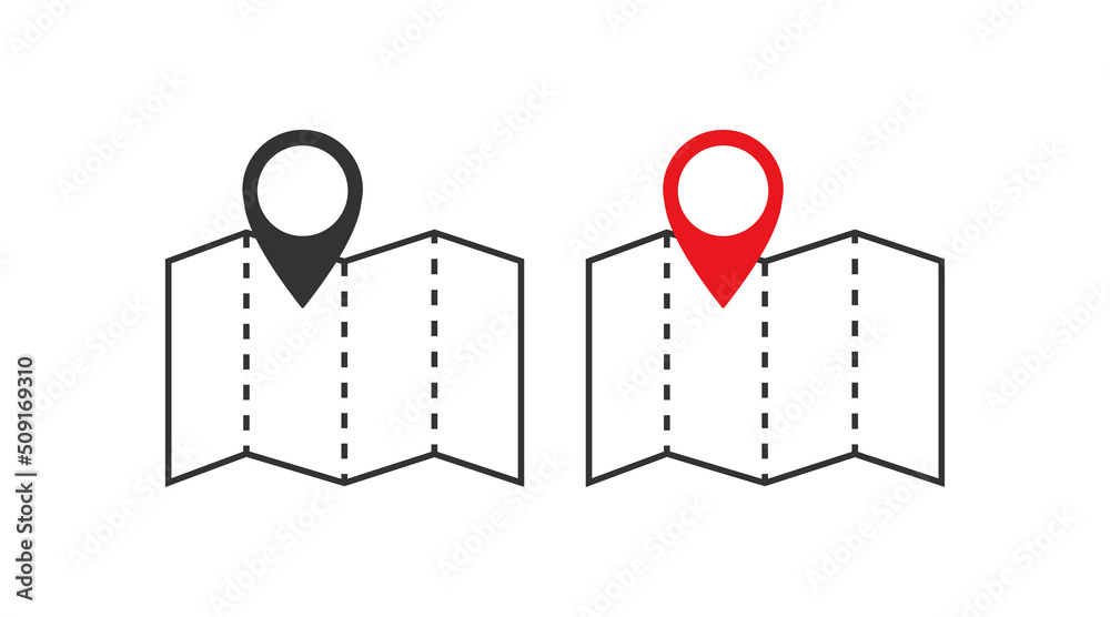Map and location icon. Destination symbol. Sign paper map and pin ...