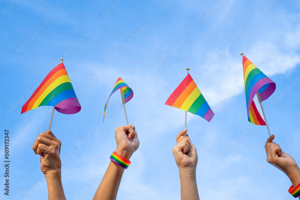 diversity people hands raising colorful lgbtq rainbow flags in the ...