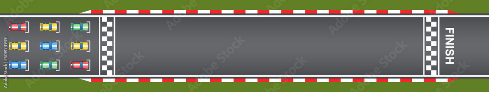 Racing track top view with cars, start and finish lines. Roadway for ...